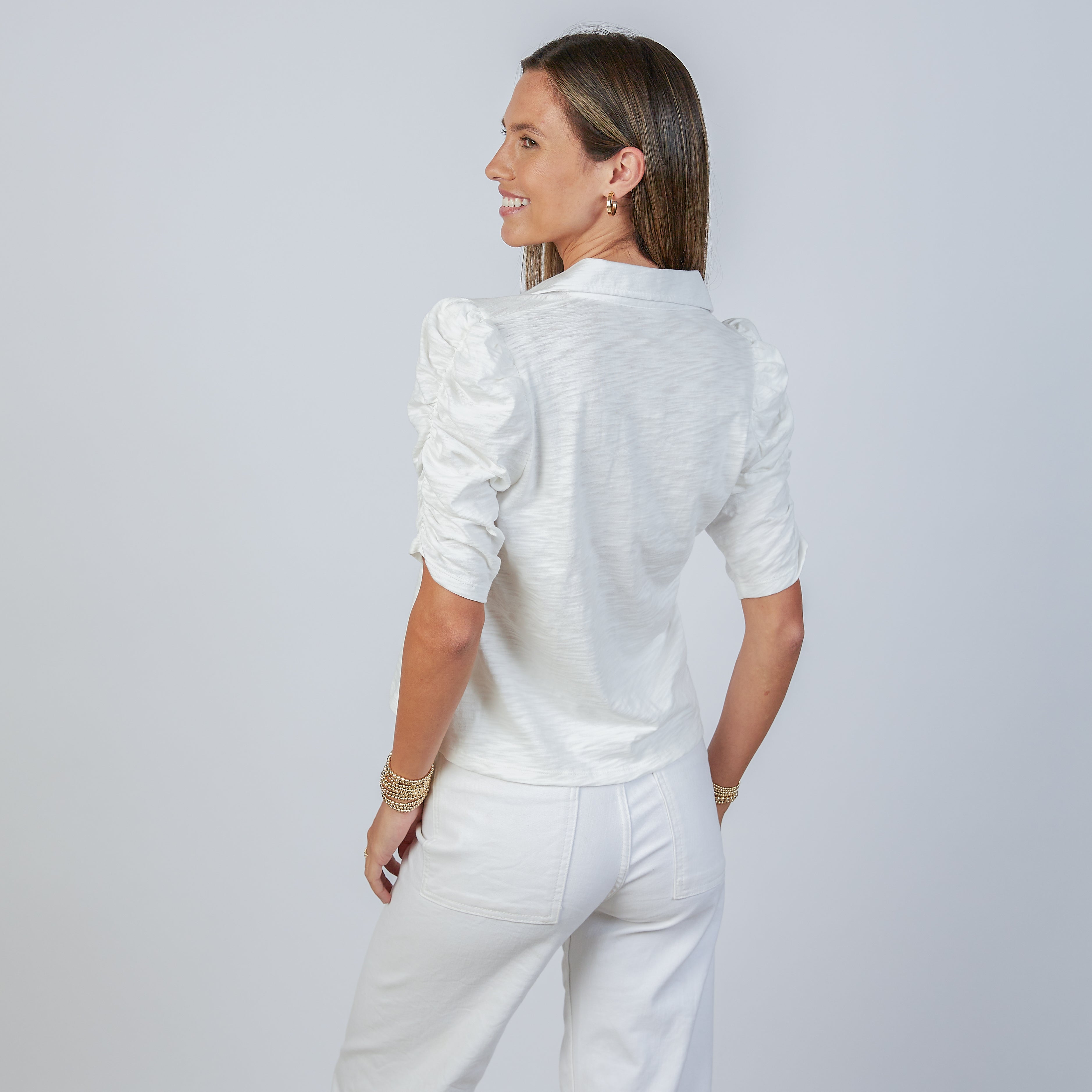 Grace Button-Up Elbow-Length Tee in Ivory – erin gray